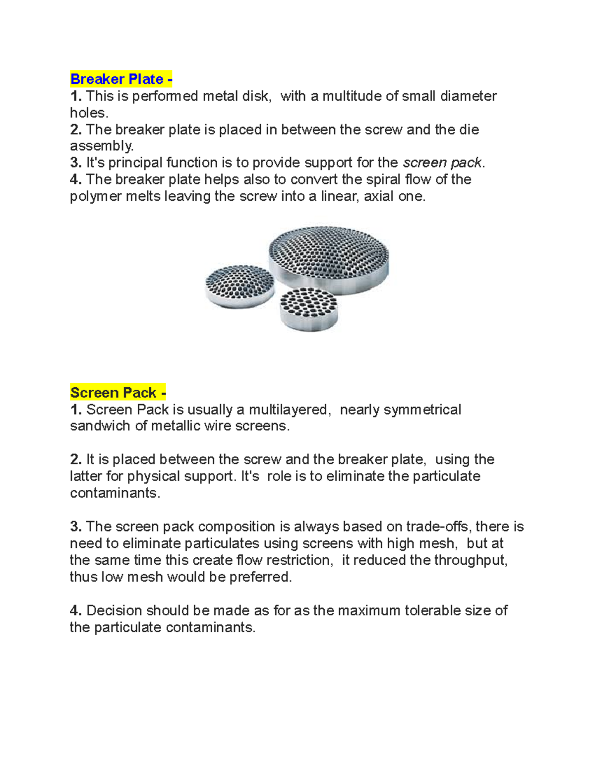 Breaker Plate - . This is performed metal disk, with a multitude of ...