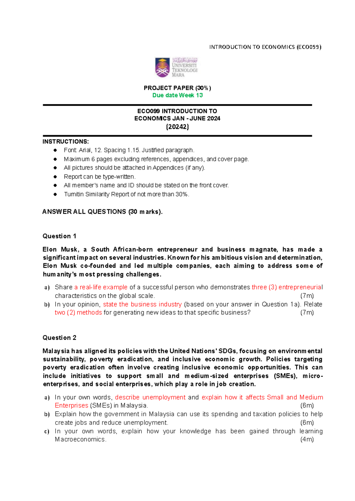 Project Paper ECO099 SEM2 2024 instruction - INTRODUCTION TO ECONOMICS (ECO099) PROJECT PAPER ...