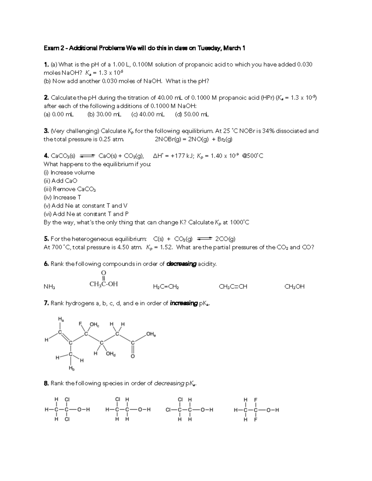 Chem2 practice q - for exam2 - Exam 2 - Additional Problems We will do ...