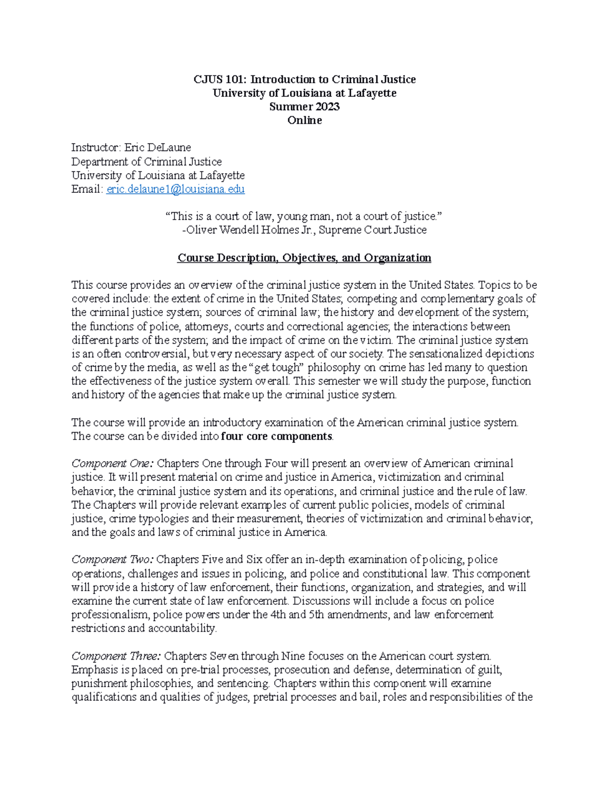 Syllabus CJUS101 Summer 23(1) - CJUS 101: Introduction to Criminal ...