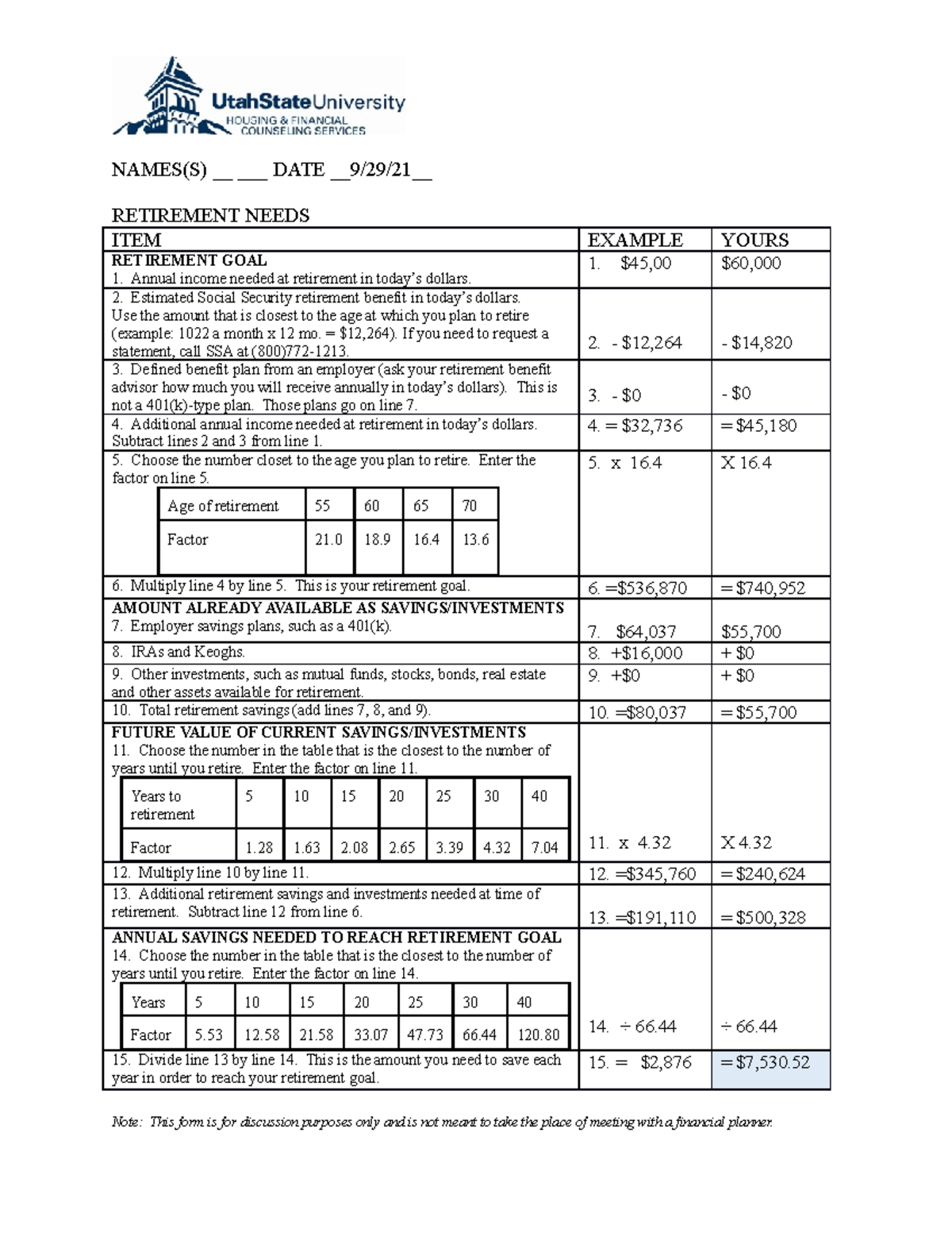 Activity 6 Retirement - Easy - NAMES(S) __ ___ DATE 9/29/21 RETIREMENT ...