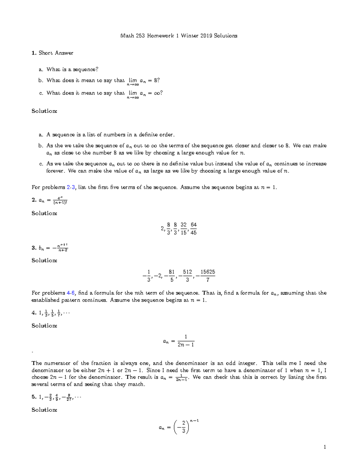 HW 1 Solutions - Math 253 Homework 1 Winter 2019 Solutions 1 Answer a ...