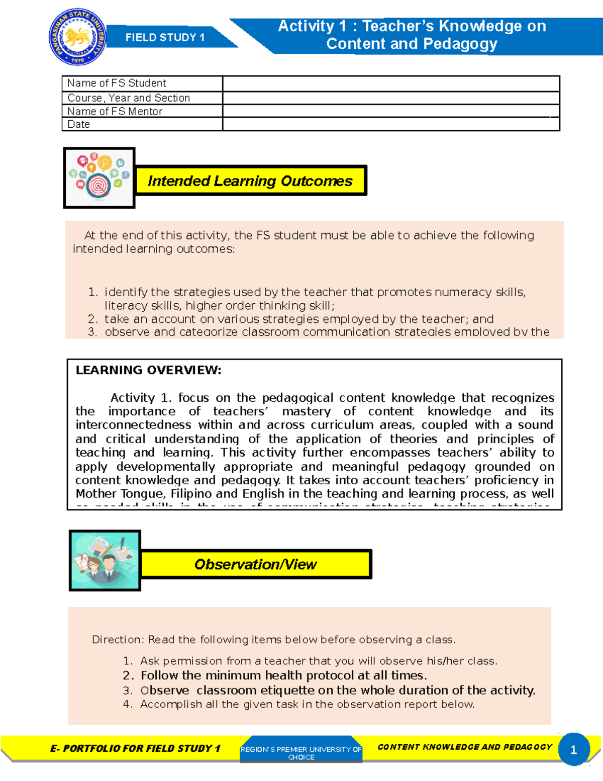 FS1-Activity-1 - FS1_EVIDENCE - ####### FIELD STUDY 1 E- PORTFOLIO FOR ...