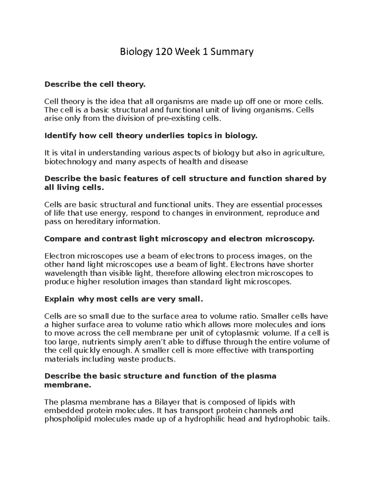 Biology 120 Week 1 Summary - Biology 120 Week 1 Summary Describe the ...