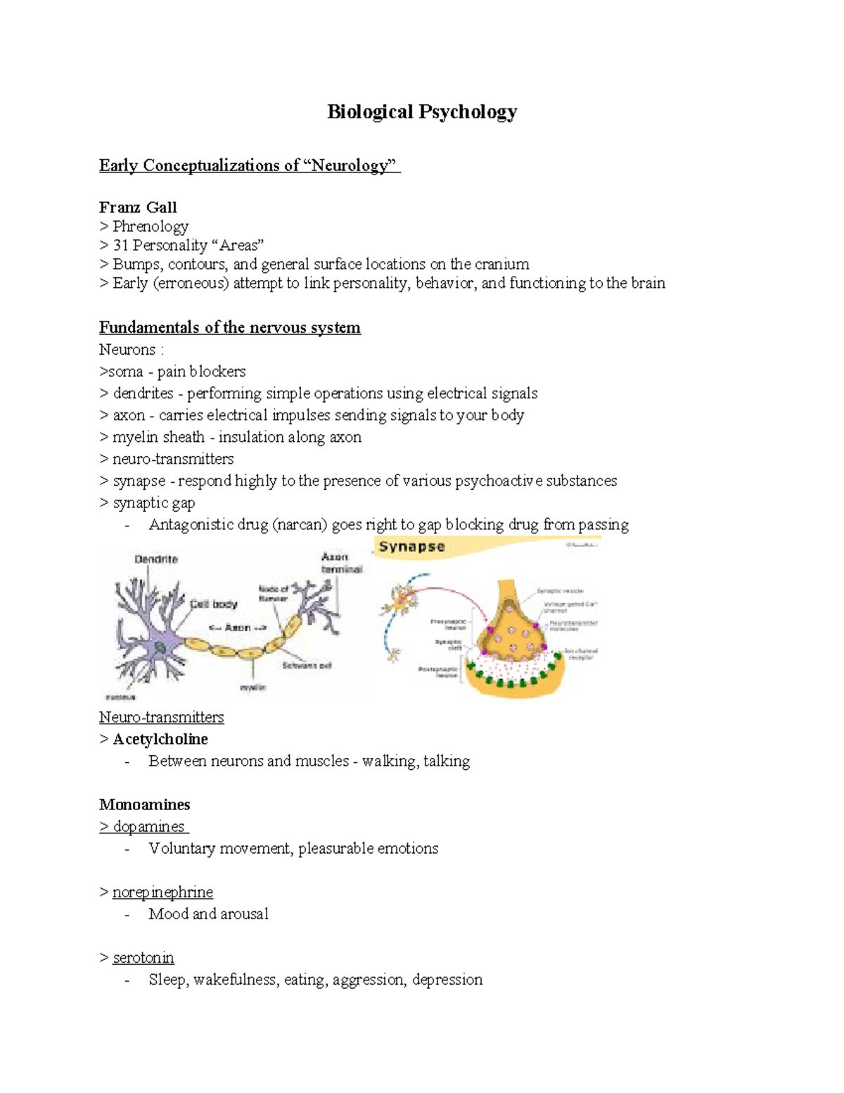 Biological Psycology - PSYC1001E - Biological Psychology Early ...