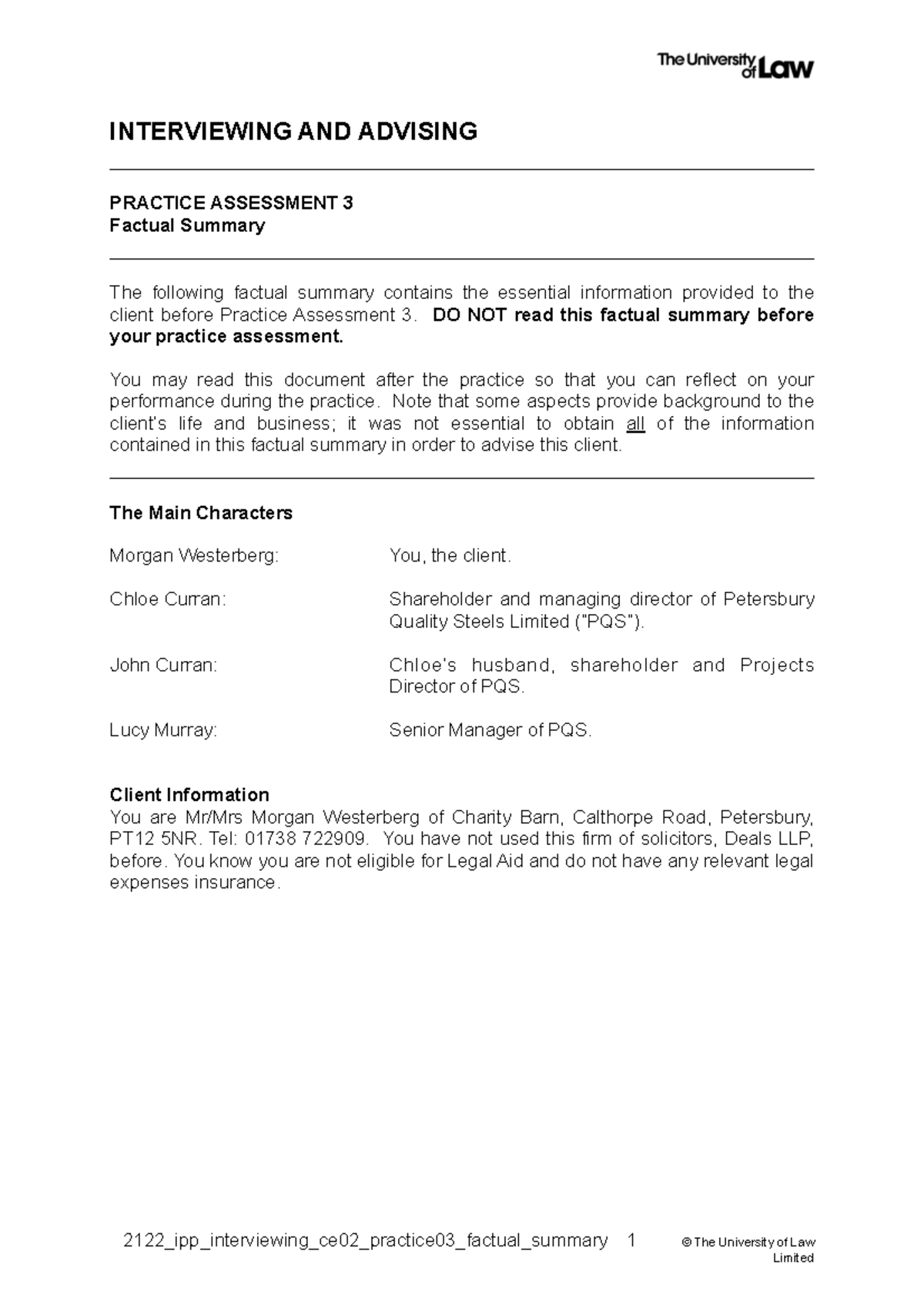 Interview summmary - INTERVIEWING AND ADVISING PRACTICE ASSESSMENT 3 ...