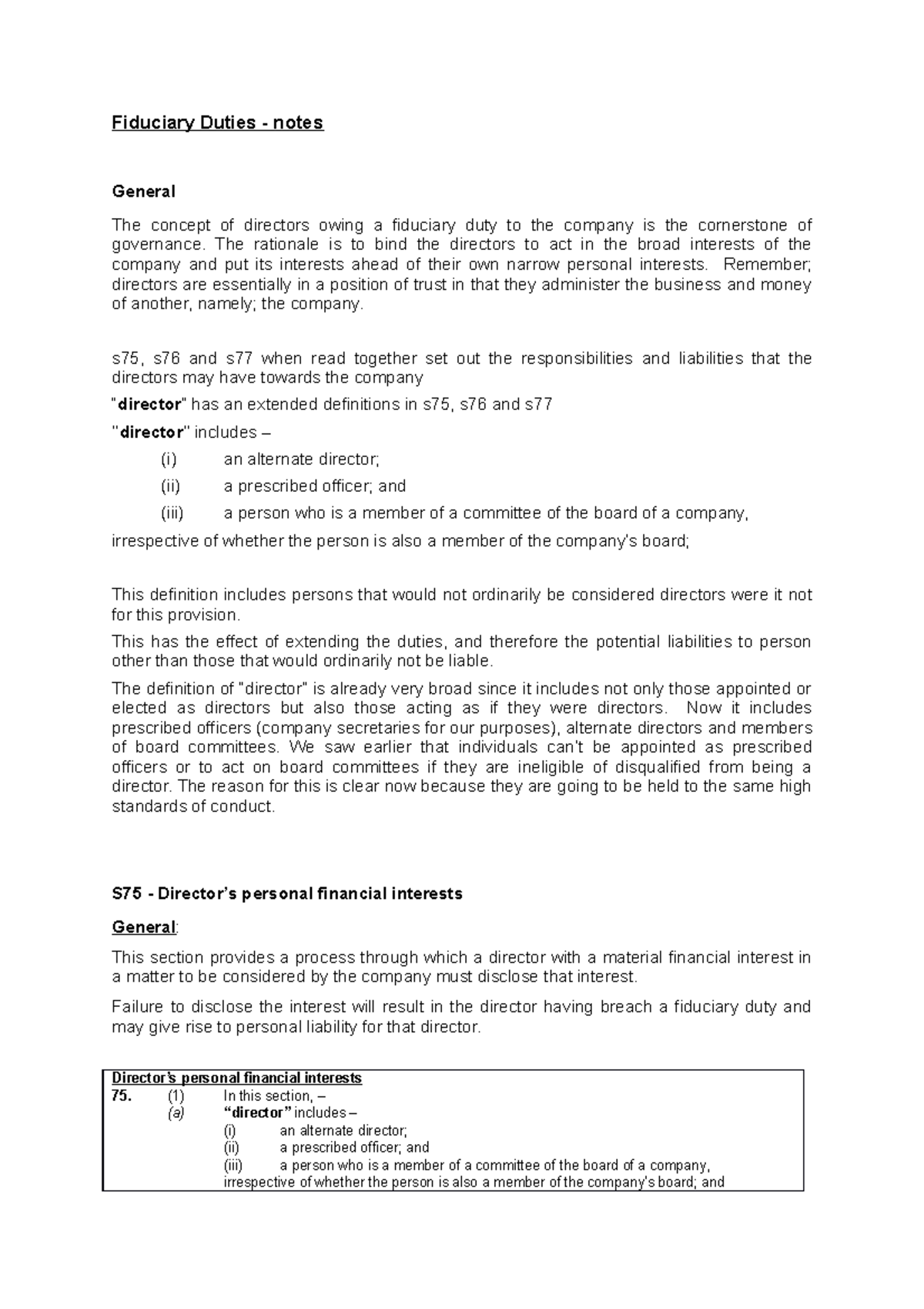Fiduciary Duties - notes - Fiduciary Duties - notes General The concept ...