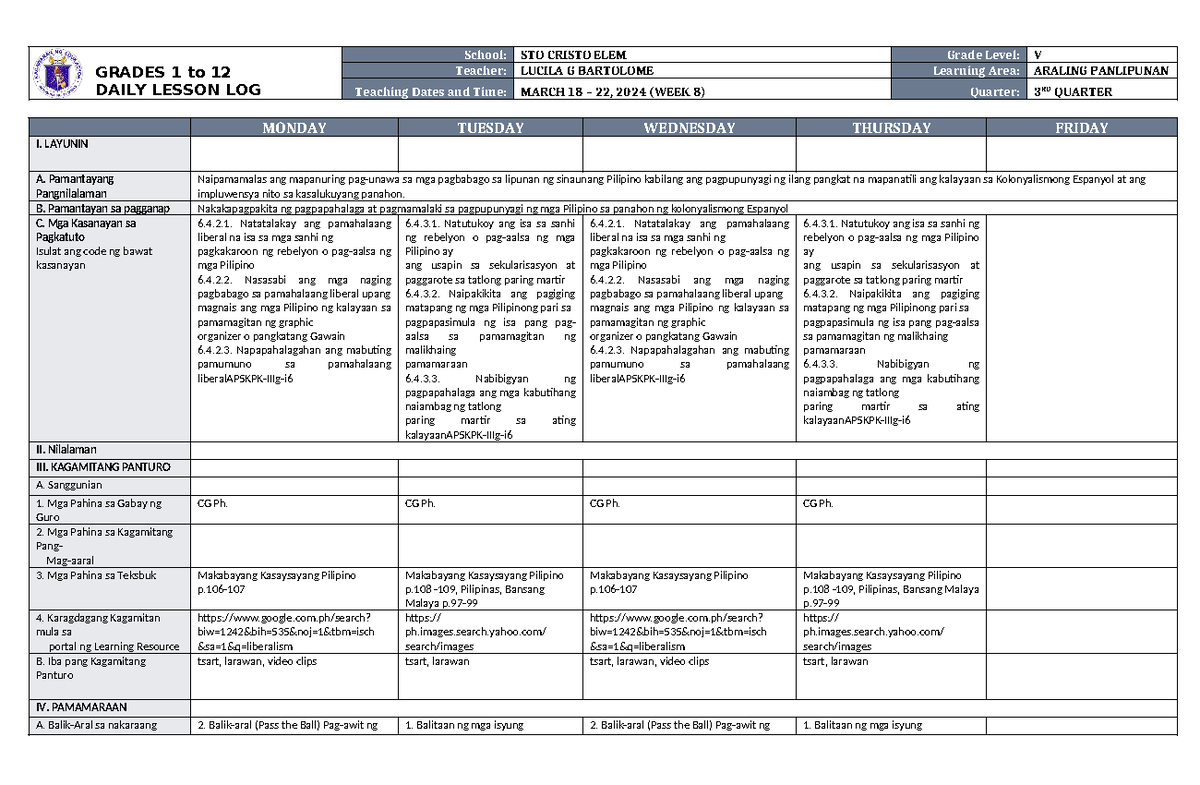 DLL Araling Panlipunan 5 Q3 W8 - GRADES 1 to 12 DAILY LESSON LOG School: STO CRISTO ELEM Grade ...