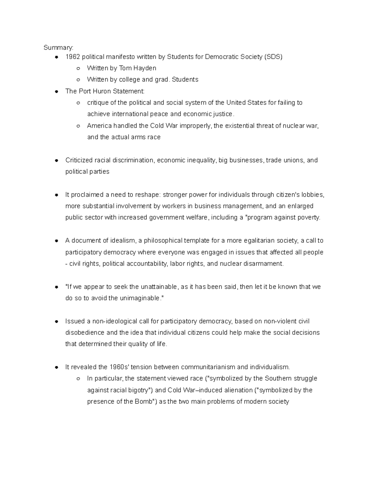 Port Huron Statement - Summary Social&Political; Philosophy - Summary ...