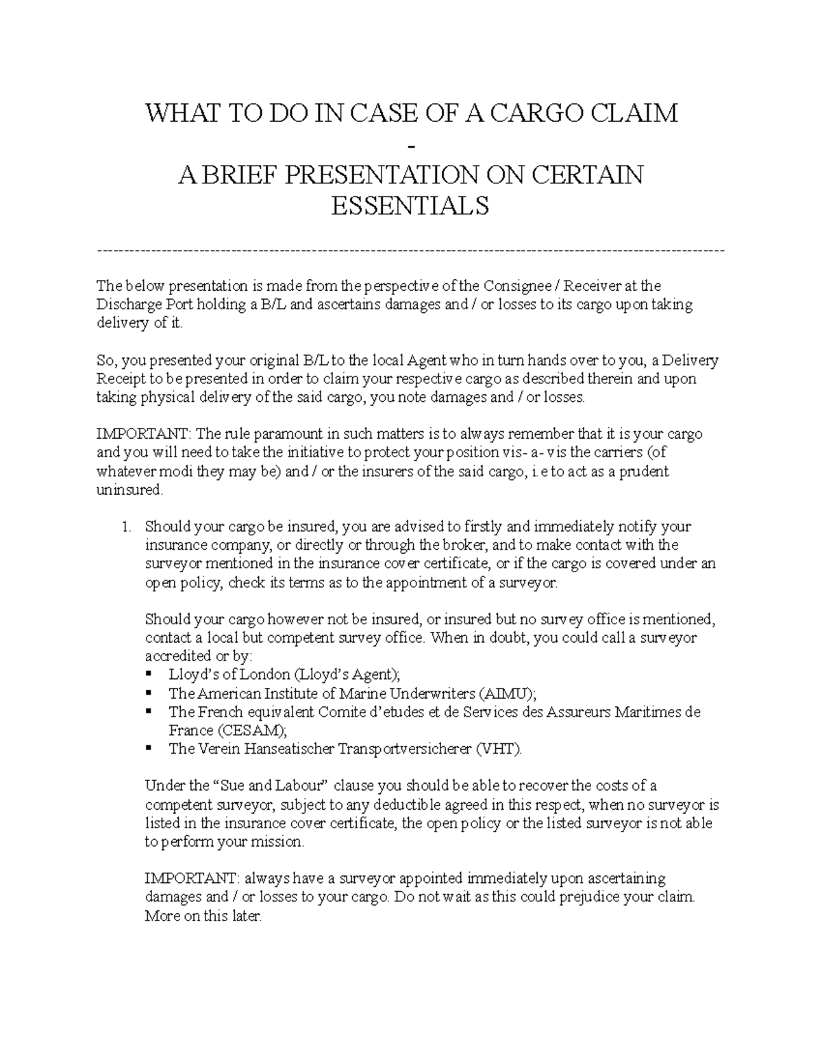 WHAT TO DO IN CASE OF A Cargo Claim - WHAT TO DO IN CASE OF A CARGO ...