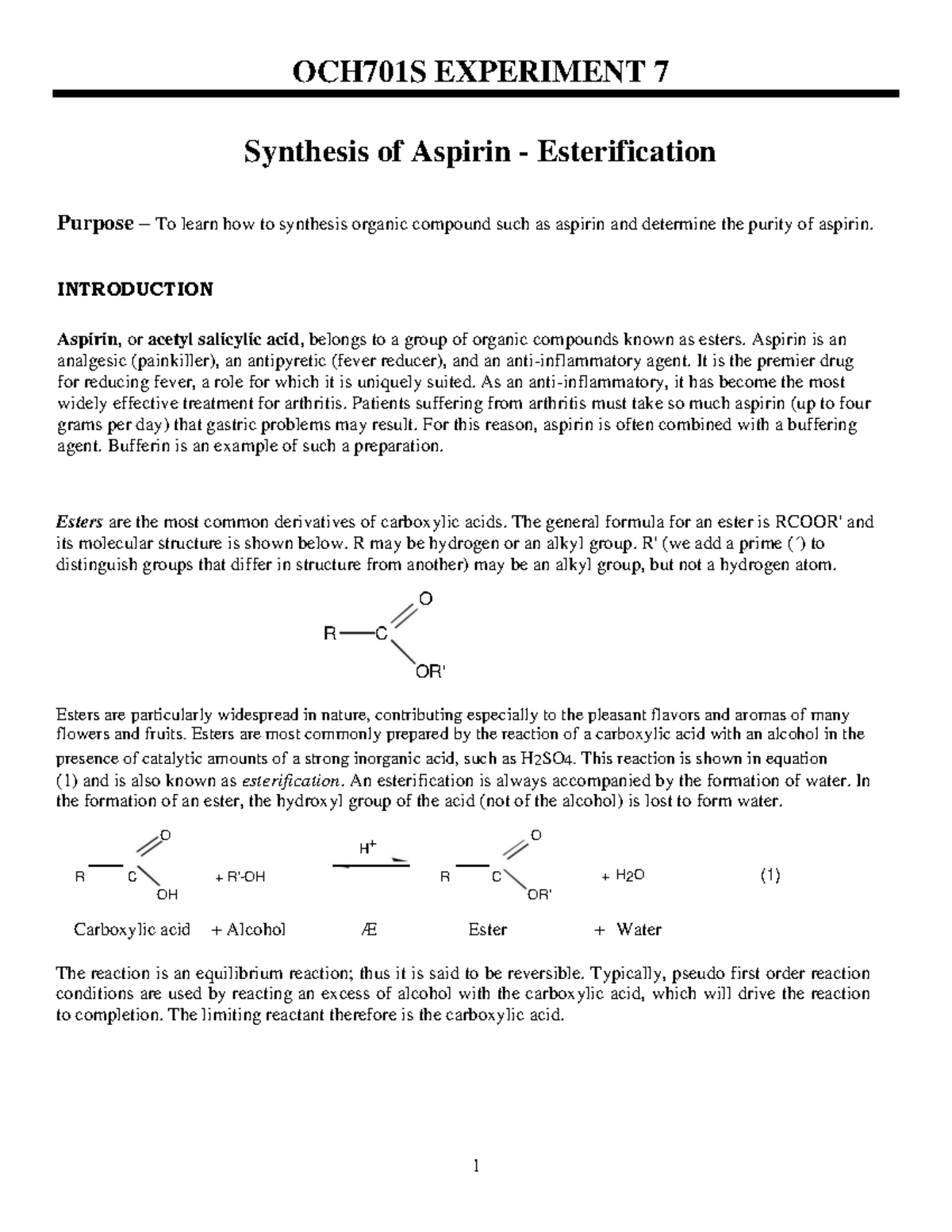 Experiment 7 Synthesis of Aspirin - OCH701S EXPERIMENT 7 Synthesis of ...