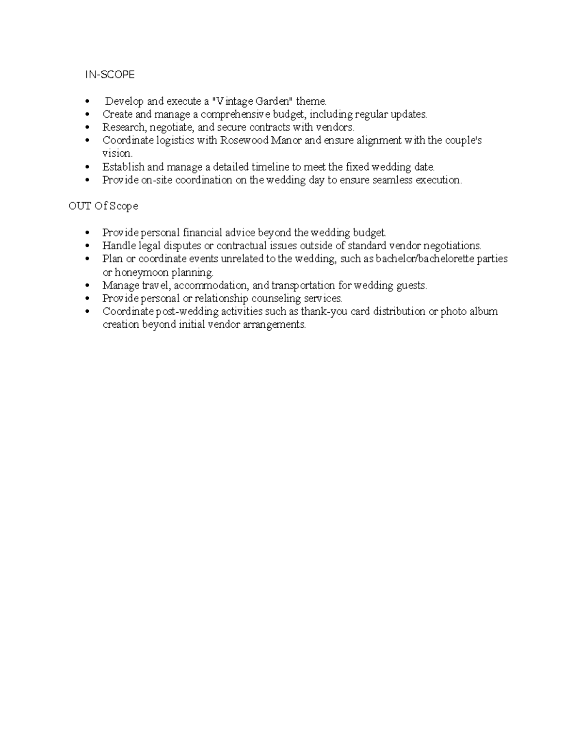 Scope - IN-SCOPE Develop and execute a "Vintage Garden" theme. Create ...