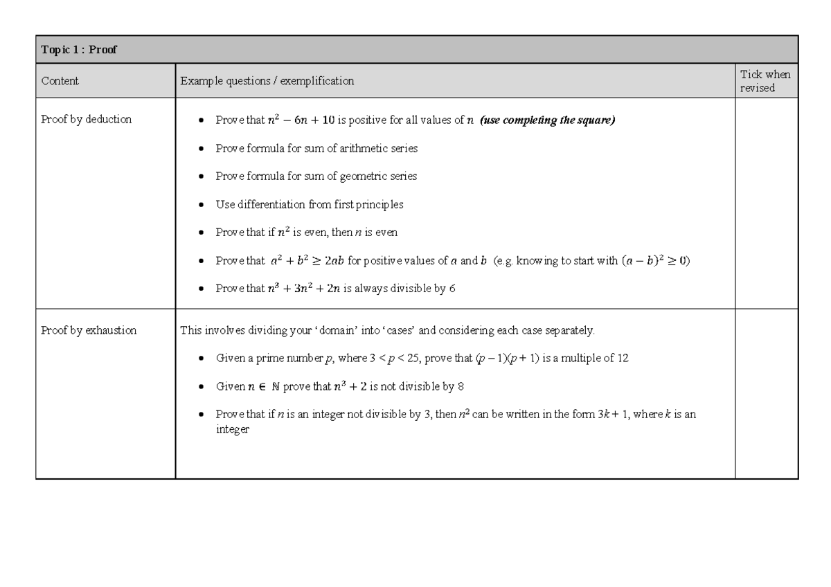 Revision checklist - Pure Content - Topic 1 : Proof Content Example ...