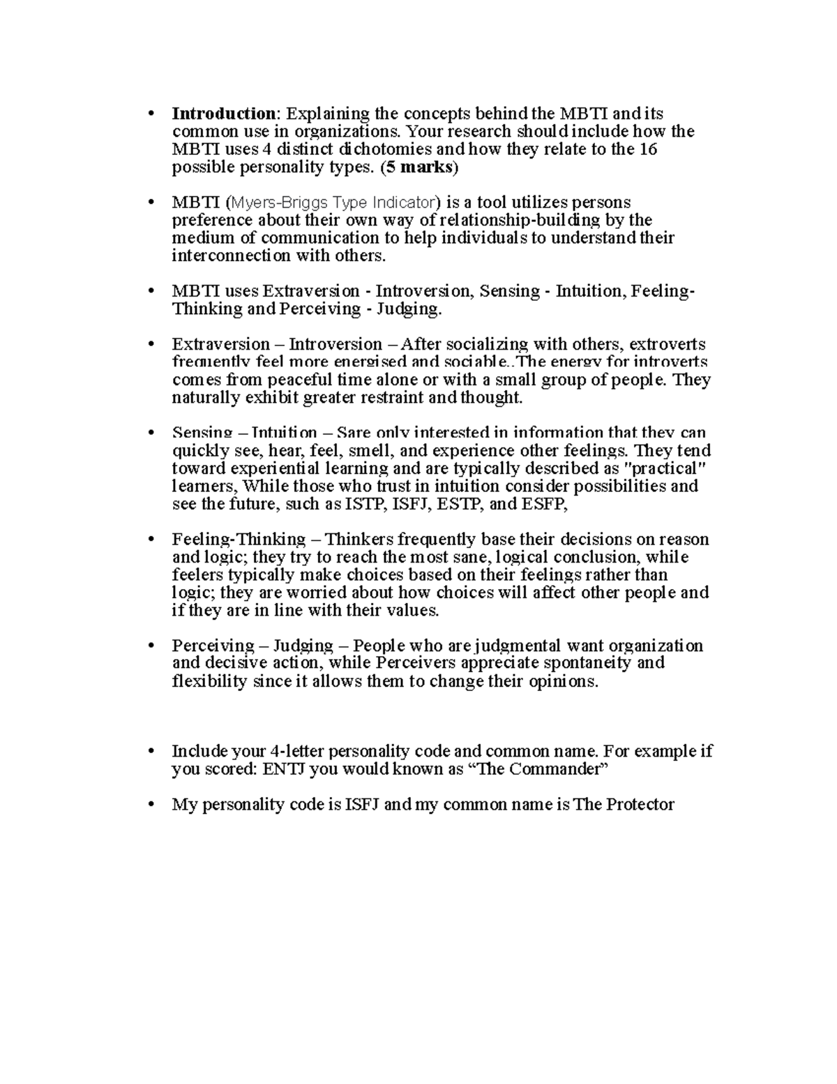 Discussion Post #1 Using the MBTI to Assess Your Personality ...