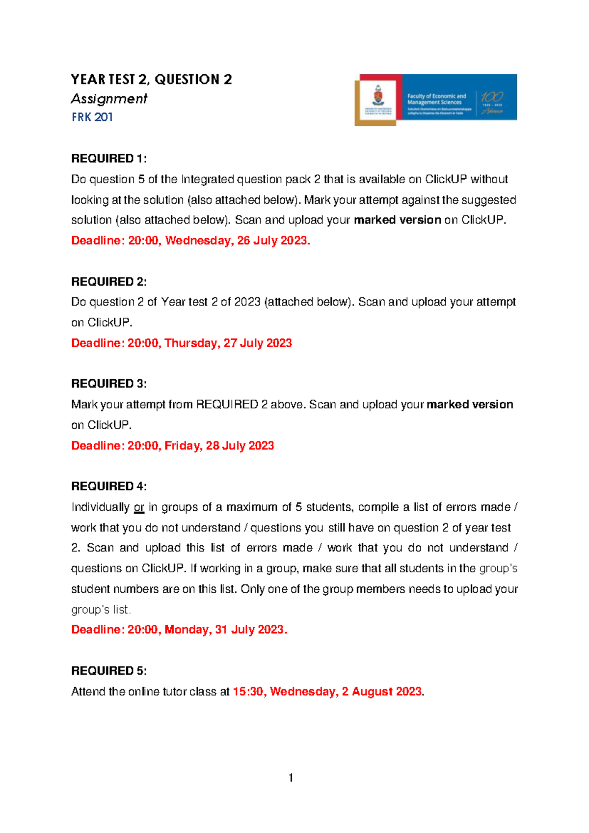 Year test 2 assignment updated - YEAR TEST 2, QUESTION 2 Assignment FRK ...