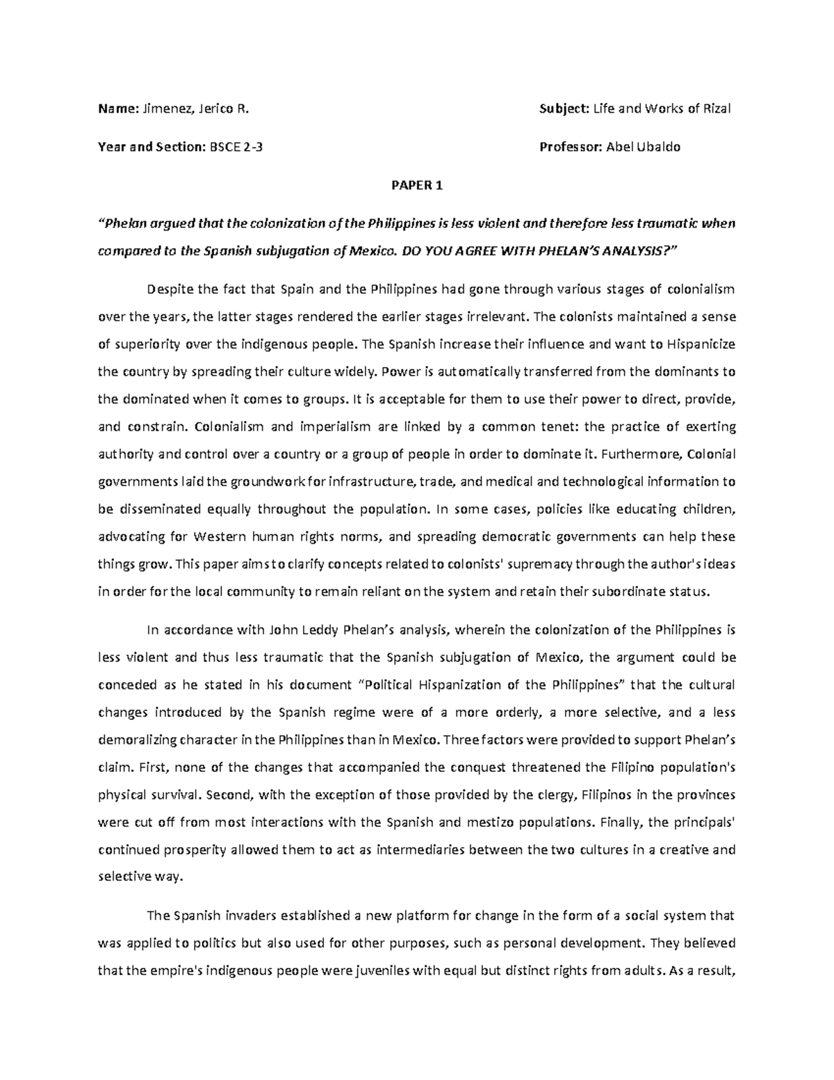 BSCE 2-3 Jimenez Jerico R - Name: Jimenez, Jerico R. Subject: Life and Works of Rizal Year and ...