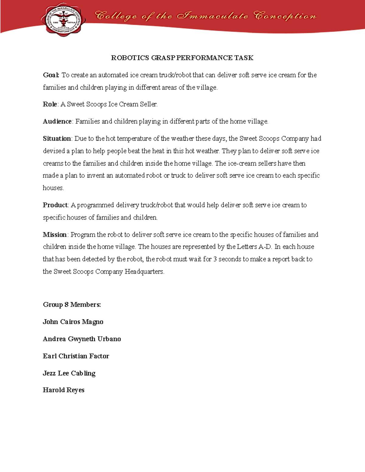 Grasp Group 8-STEM12-ST - ROBOTICS GRASP PERFORMANCE TASK Goal: To ...