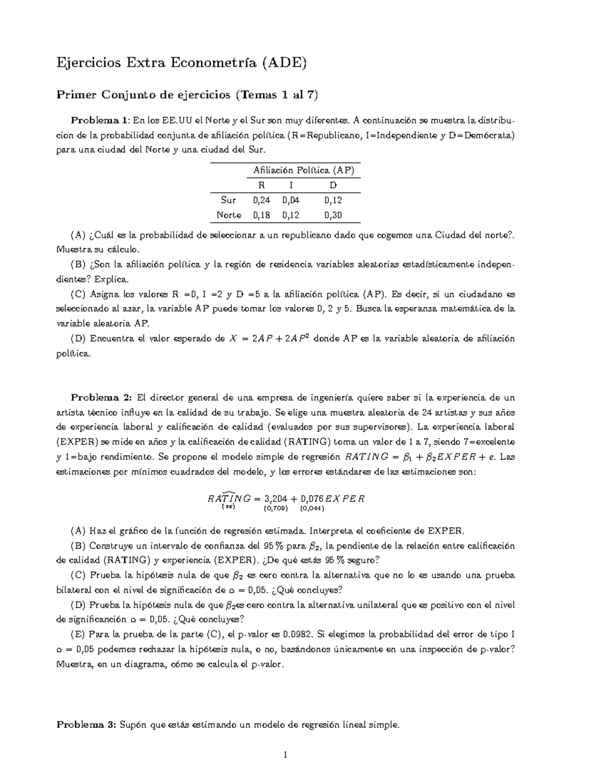 1 set Ejercicios extra econometria 2022 2023 - Ejercicios Extra Econometría (ADE) Primer ...