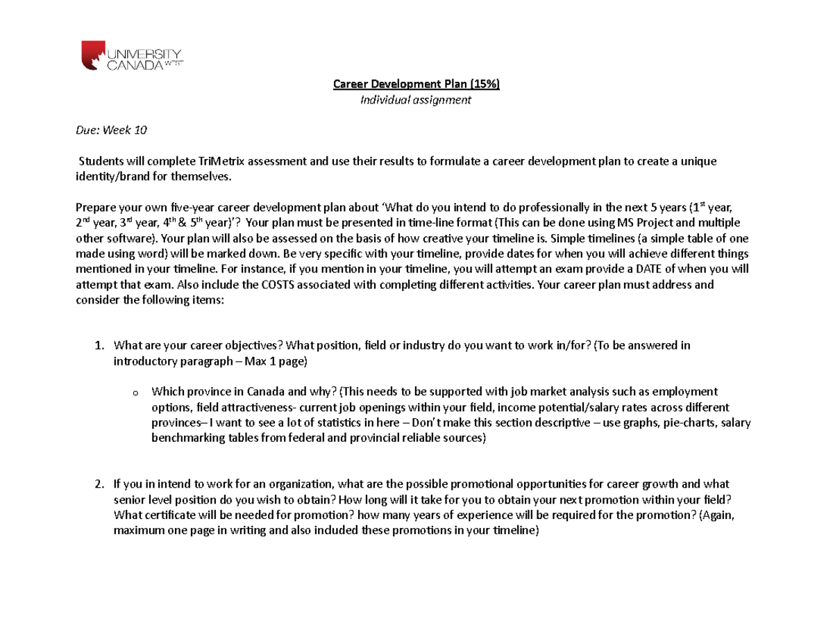 Career Development Plan new - Career Development Plan (15%) Individual ...