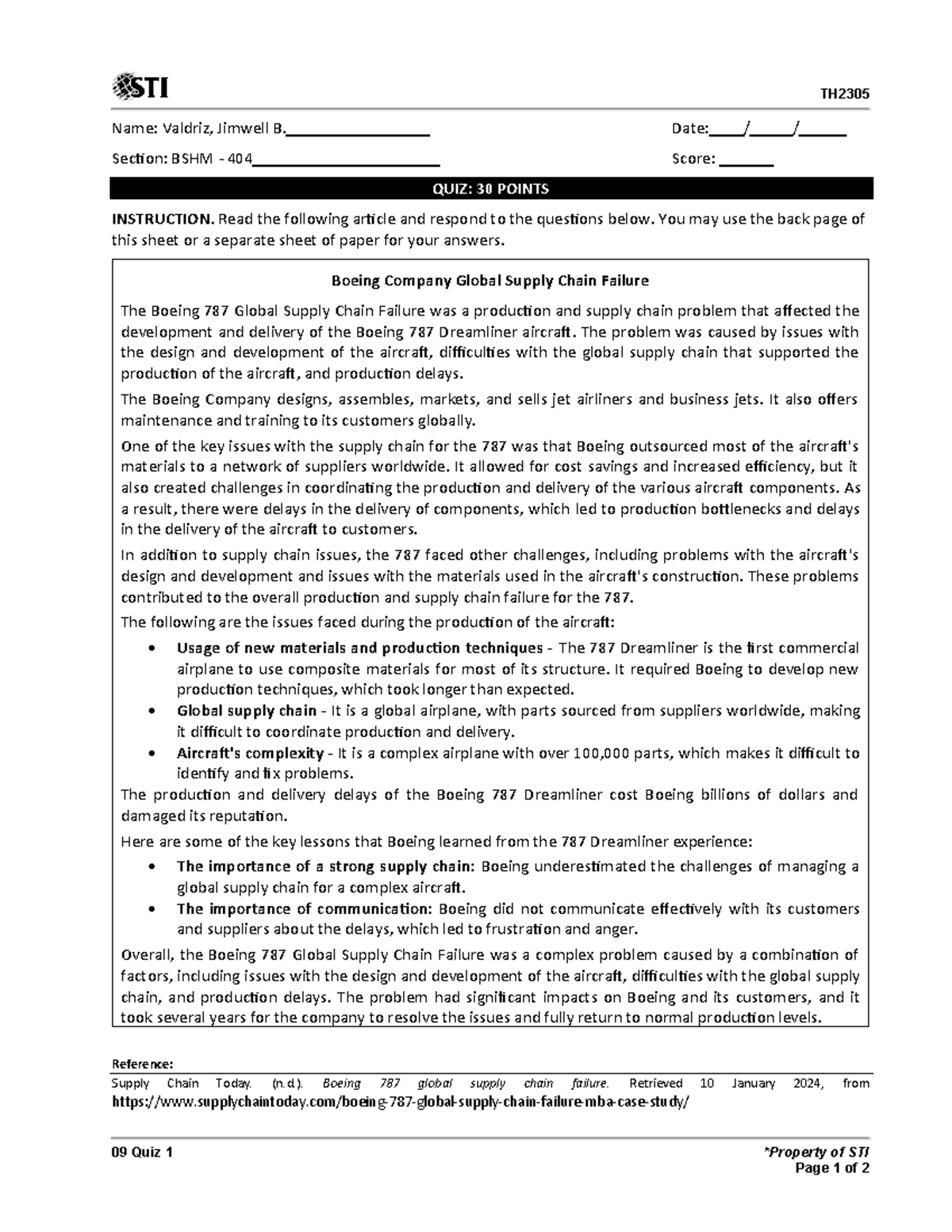 09 Quiz 1(12) Supply - TH 09 Quiz 1 *Property of STI Page 1 of 2 Name ...