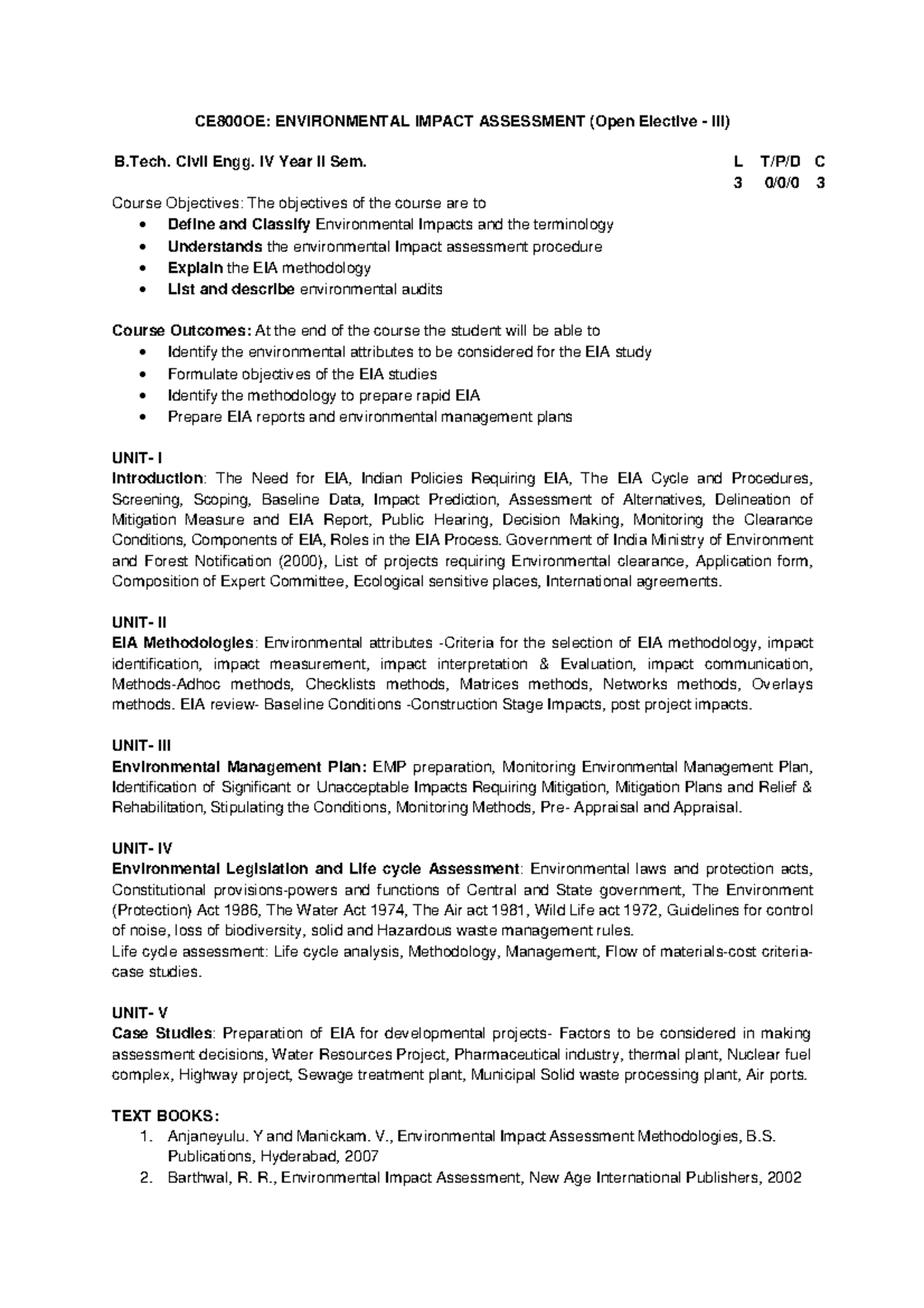 EIA Syllabus R18 - dddddddddddddd - CE800OE: ENVIRONMENTAL IMPACT ASSESSMENT (Open Elective ...