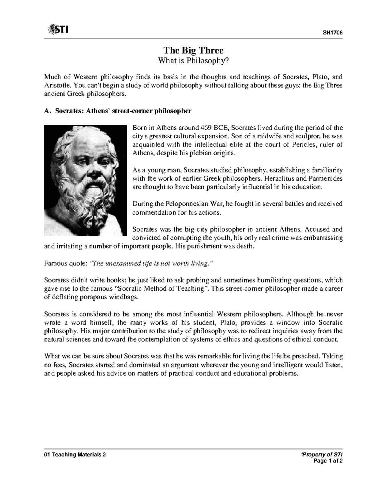 The Big Three - What is Philosophy - SH 01 Teaching Materials 2 ...