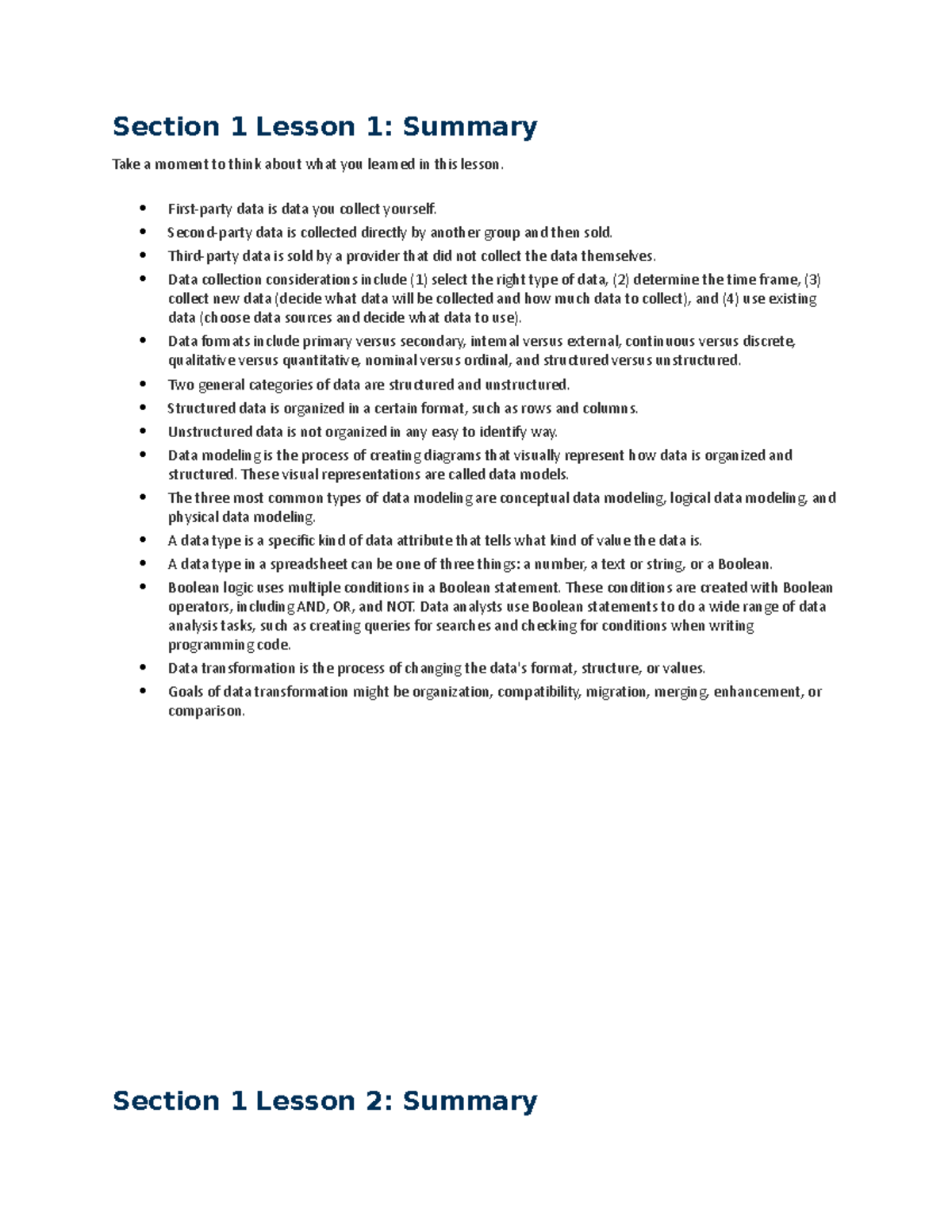 WGU D467 - n/a - Section 1 Lesson 1: Summary Take a moment to think ...