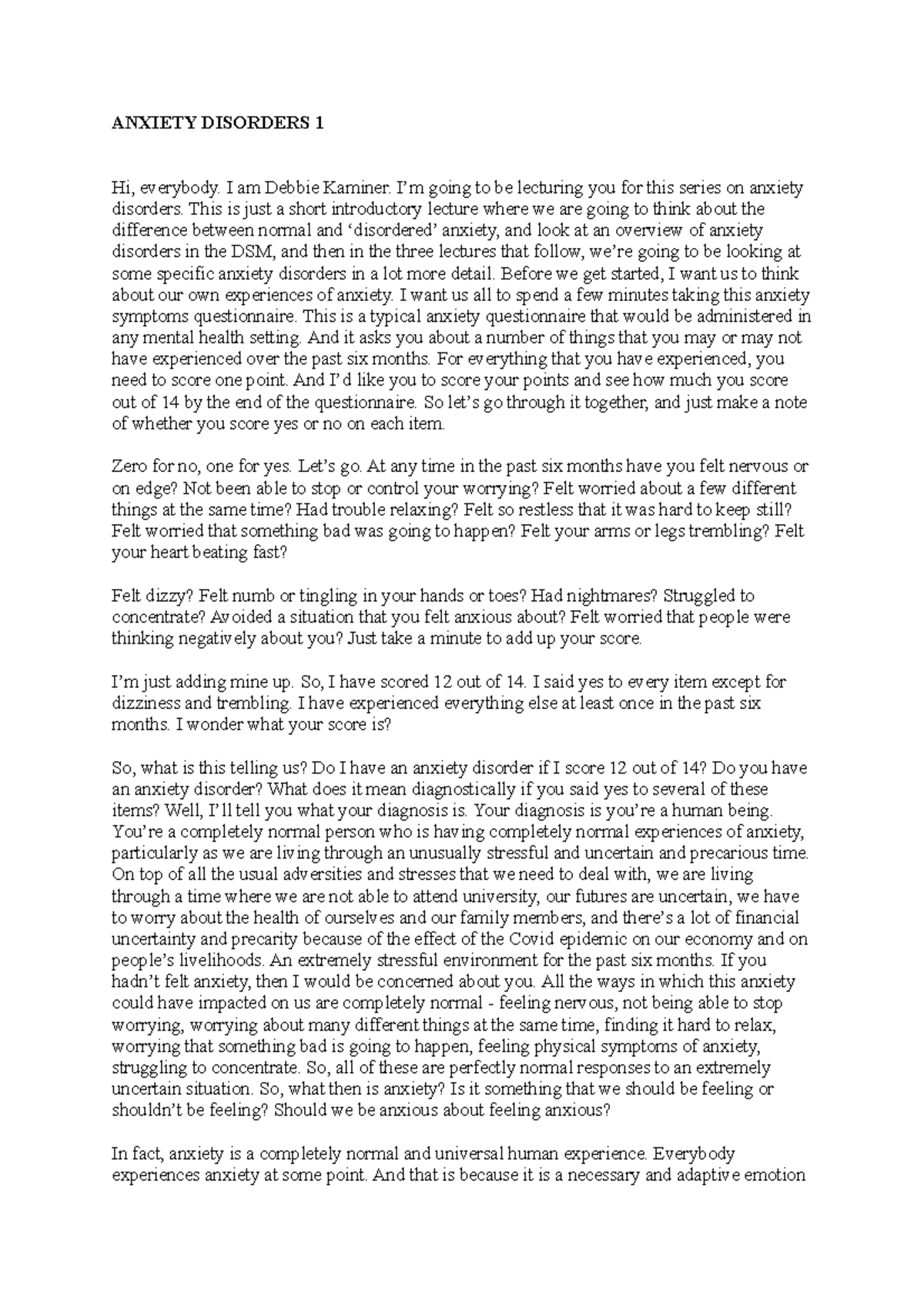 Transcripts FOR ALL Anxiety Disorders Slides - ANXIETY DISORDERS 1 Hi ...