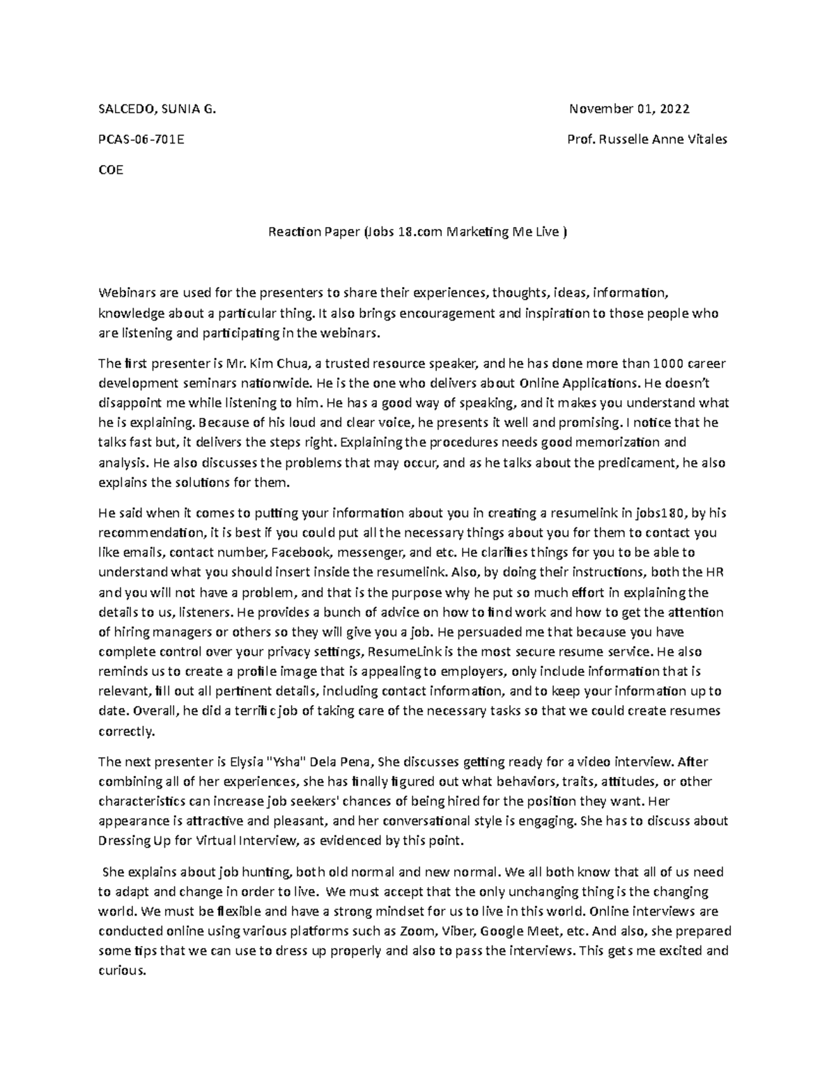 Phase 1 Reflection Paper COE - SALCEDO, SUNIA G. November 01, 2022 PCAS ...