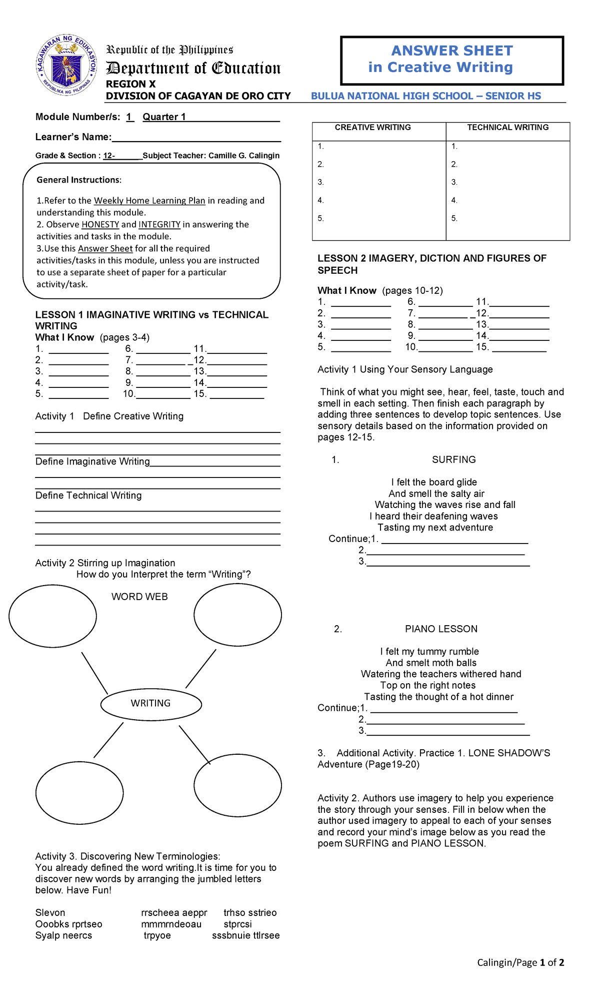 Quarter 1 Module 1 Fundamentals Of Creative Writing Republic Of The 