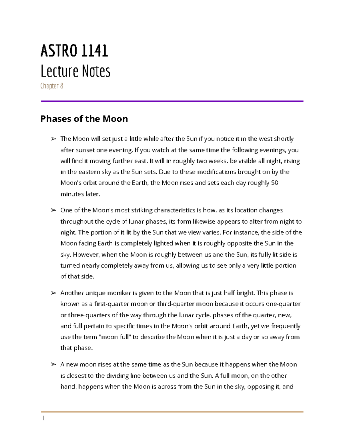 Astro 1141 Chapter 8 - ASTRO 1141 Lecture Nes Chapter 8 Phases of the ...