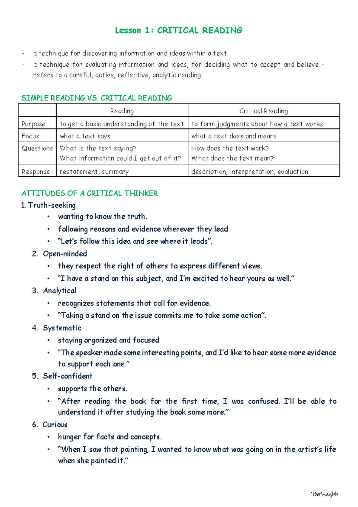 Q4 Notes in Reading and Writing - Lesson 1: CRITICAL READING a ...