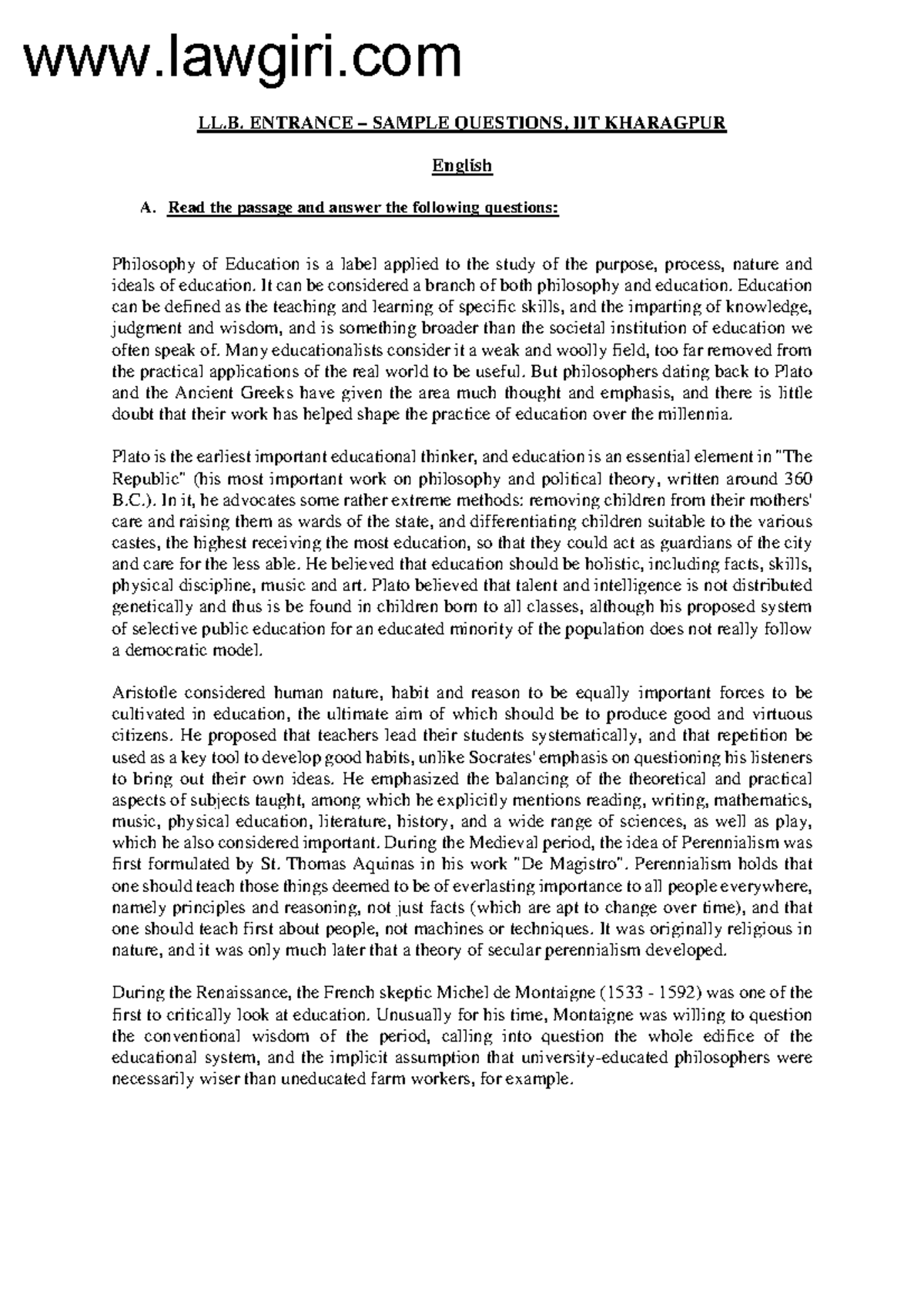 IIT Kharagpur LLB Sample Paper - LL. ENTRANCE – SAMPLE QUESTIONS, IIT ...
