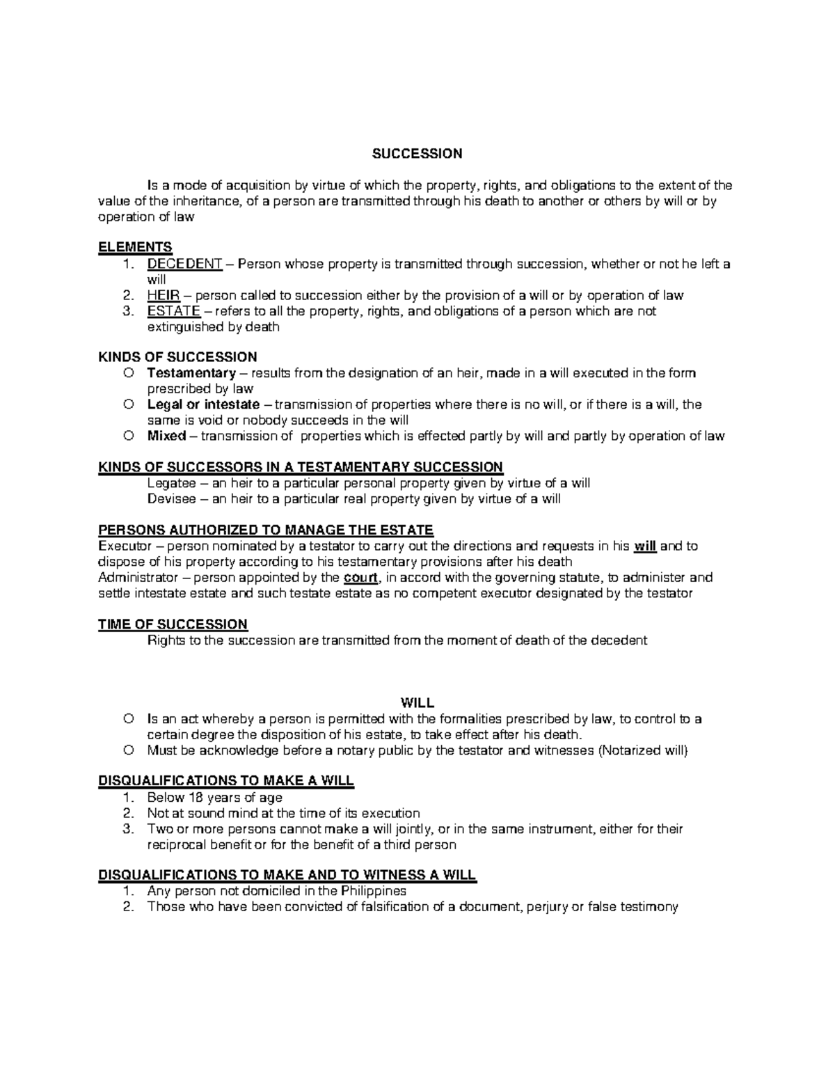 Basic Concepts of Succession and WIll - SUCCESSION Is a mode of ...