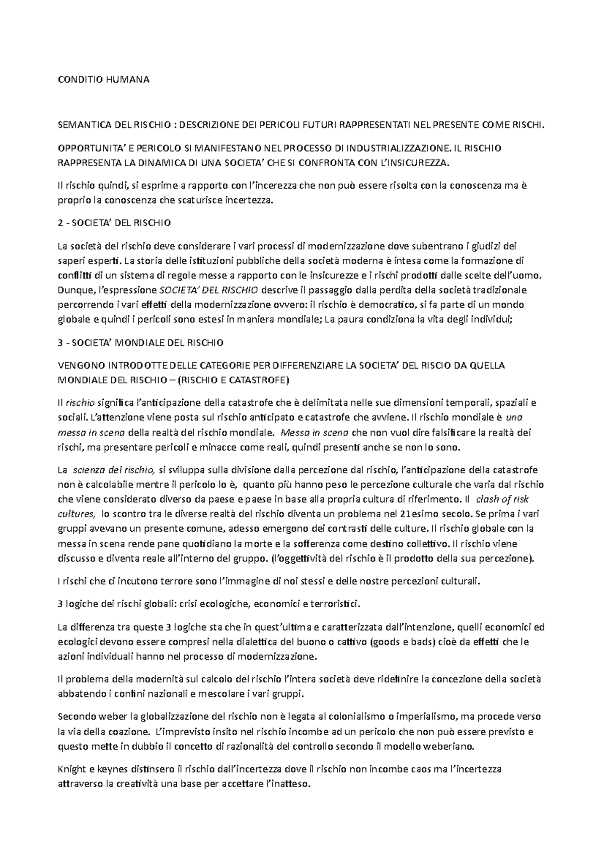 Conditio Humana - CONDITIO HUMANA SEMANTICA DEL RISCHIO : DESCRIZIONE ...