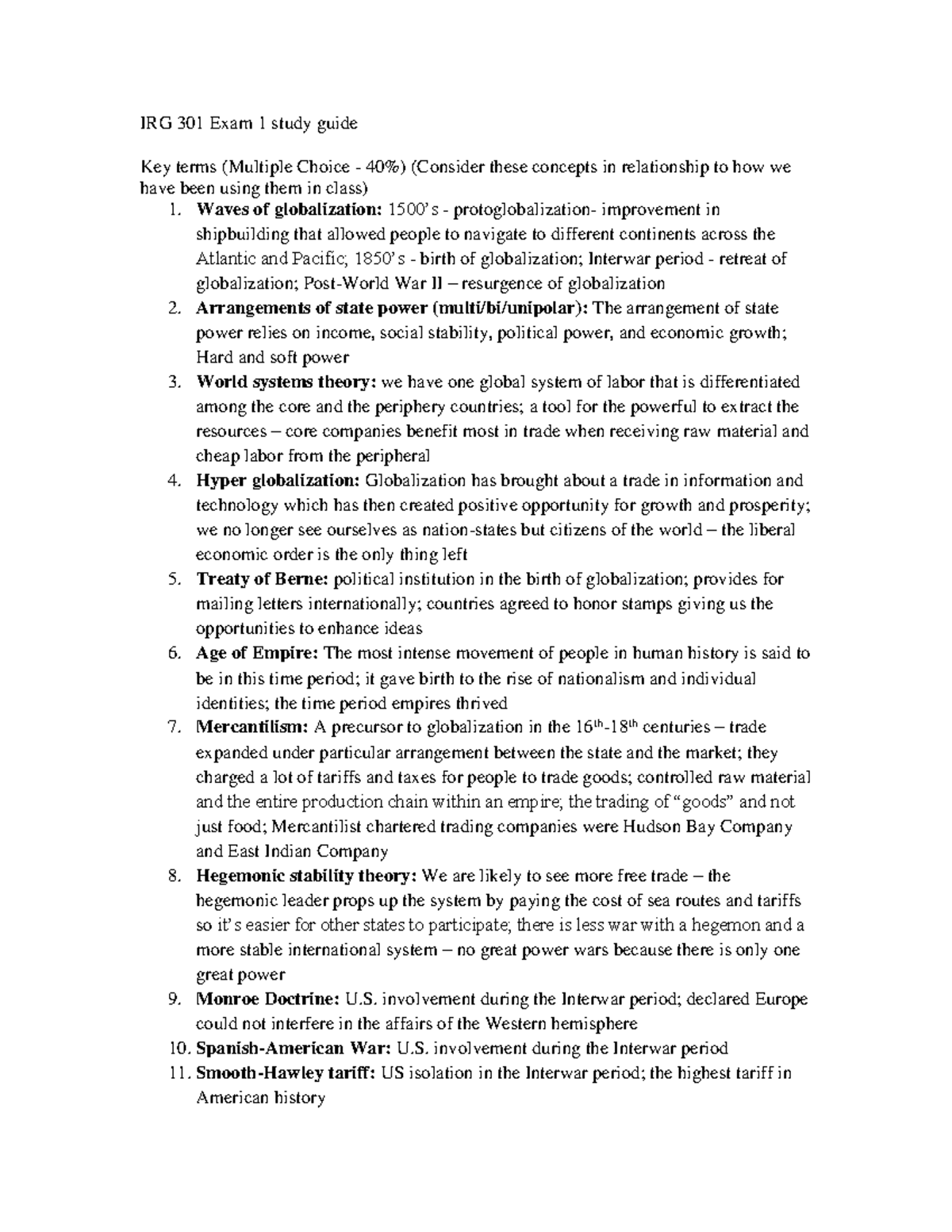 Exam 1-3 Study Guide - IRG 301 Exam 1 study guide Key terms (Multiple ...