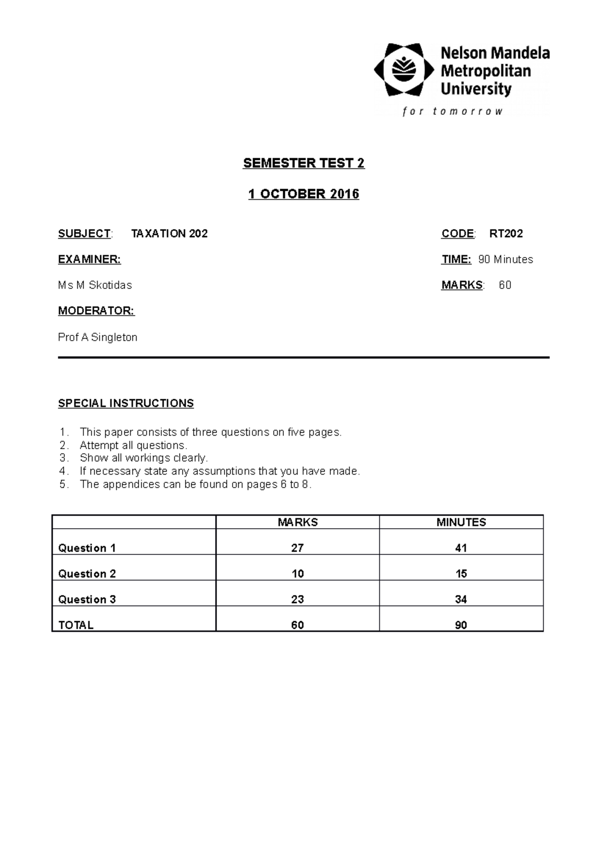 RT202 Semester TEST 2 2016 Questions - SEMESTER TEST 2 1 OCTOBER 2016 ...