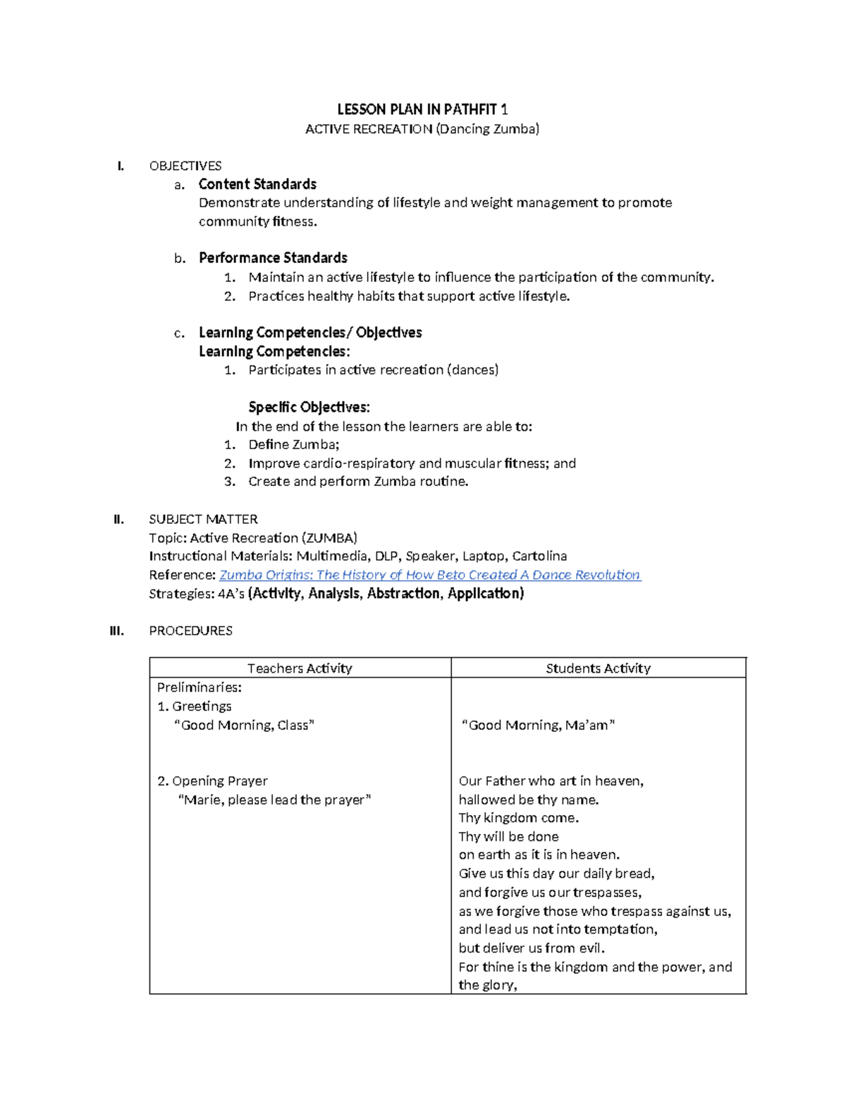 Manang Lesson Plan - LESSON PLAN IN PATHFIT 1 ACTIVE RECREATION ...