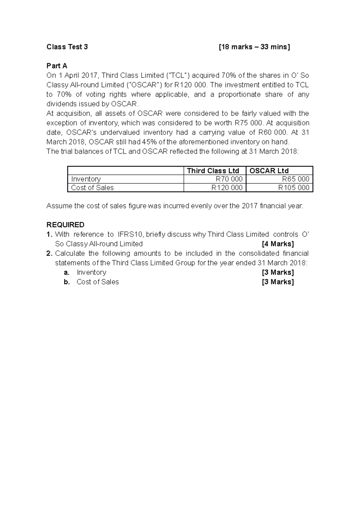 Class Test 3 - question paper - Class Test 3 [18 marks – 33 mins] Part ...