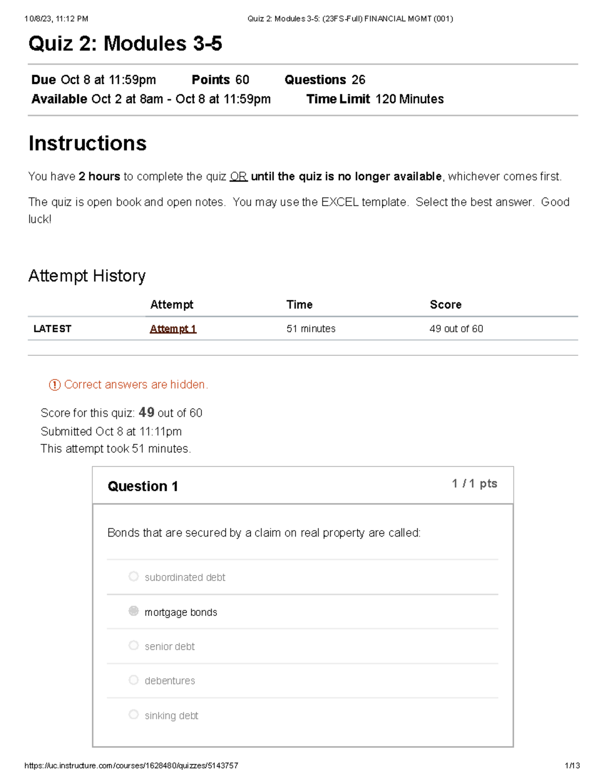 Quiz 2 Modules 3-5 (23FS-Full) Financial MGMT (001) - Quiz 2: Modules 3 ...