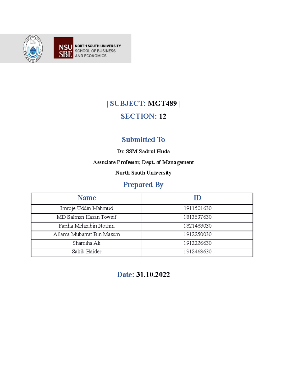 MGT-489 - MHM,GH - | SUBJECT: MGT489 | | SECTION: 12 | Submitted To Dr ...