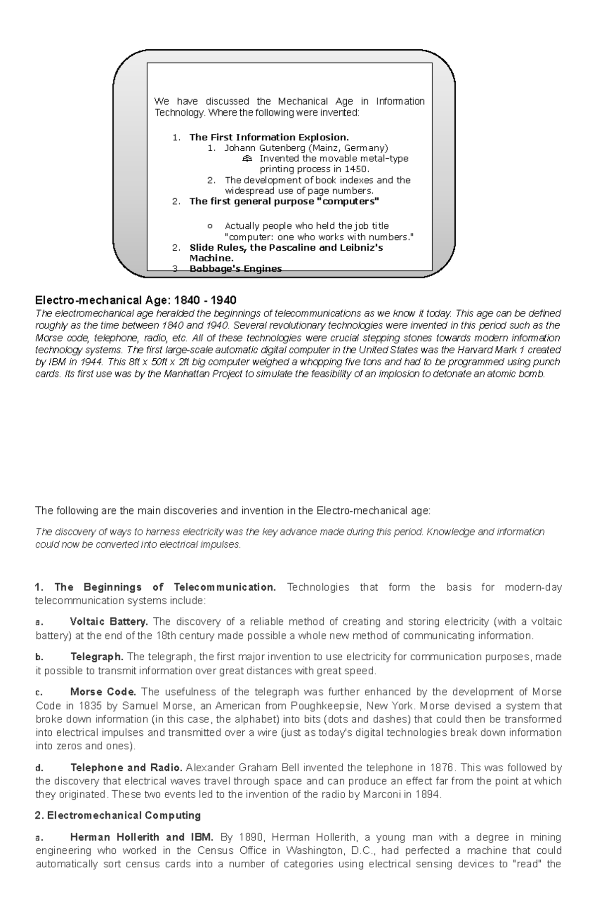 Living in IT Era - Electro-mechanical Age: 1840 - 1940 The ...