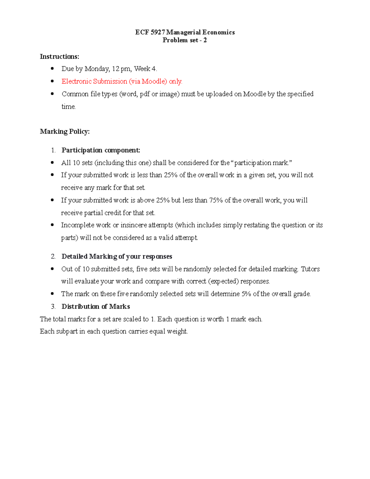 Problem set 2 - ECF 5927 Managerial Economics Problem set - 2 ...