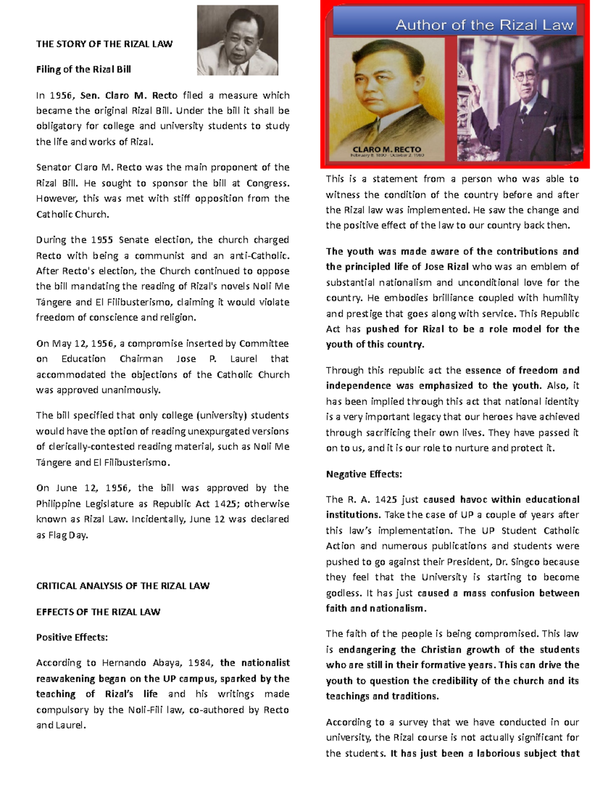 RIZL311 Prelim - AH BASTA - THE STORY OF THE RIZAL LAW Filing of the ...
