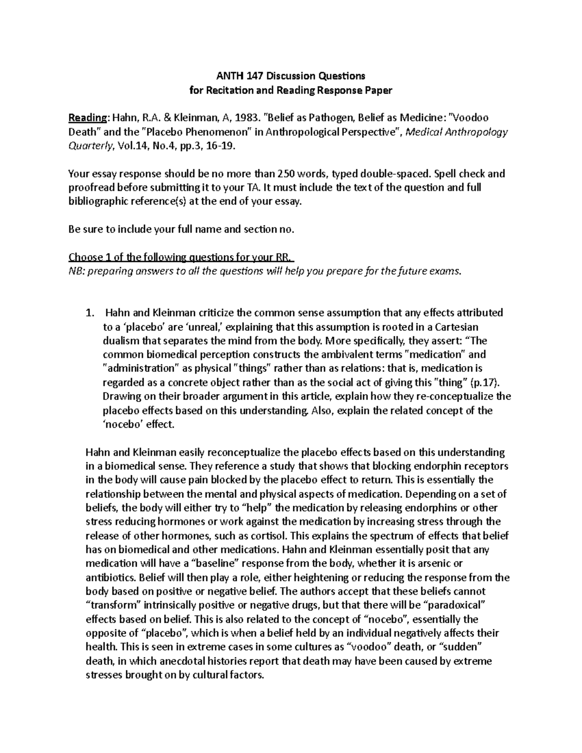 Disc Qs-Hahn-Kleinman - ANTH 147 Discussion Questions for Recitation ...