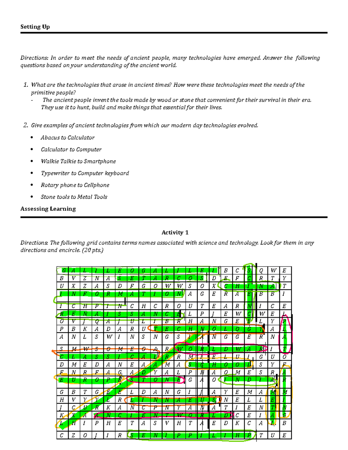 (UNIT I - Setting-up, Activity 1-3) STS - Setting Up Directions: In ...
