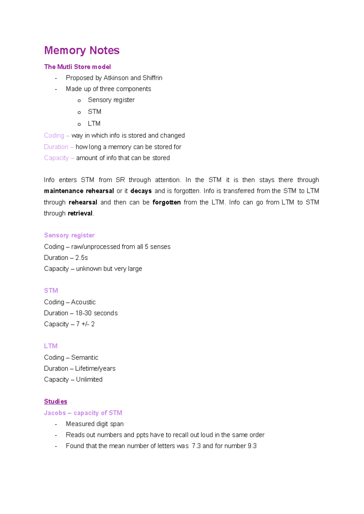Memory Notes - Memory Notes The Mutli Store model - Proposed by ...