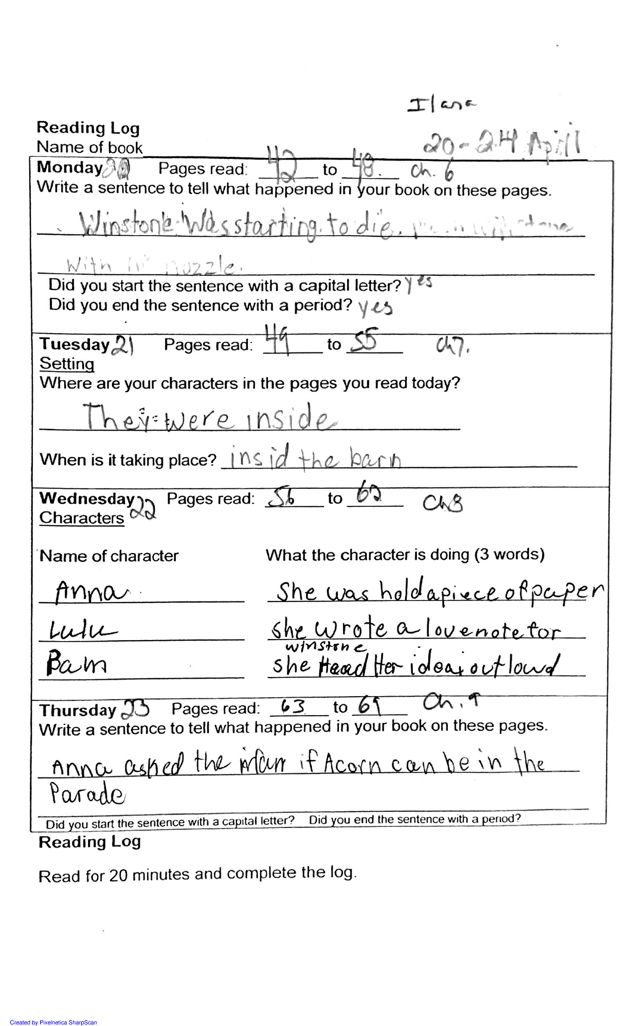 Comp - Reading Log 24 Apr - Ilana Reading Log Name of book Pages read ...