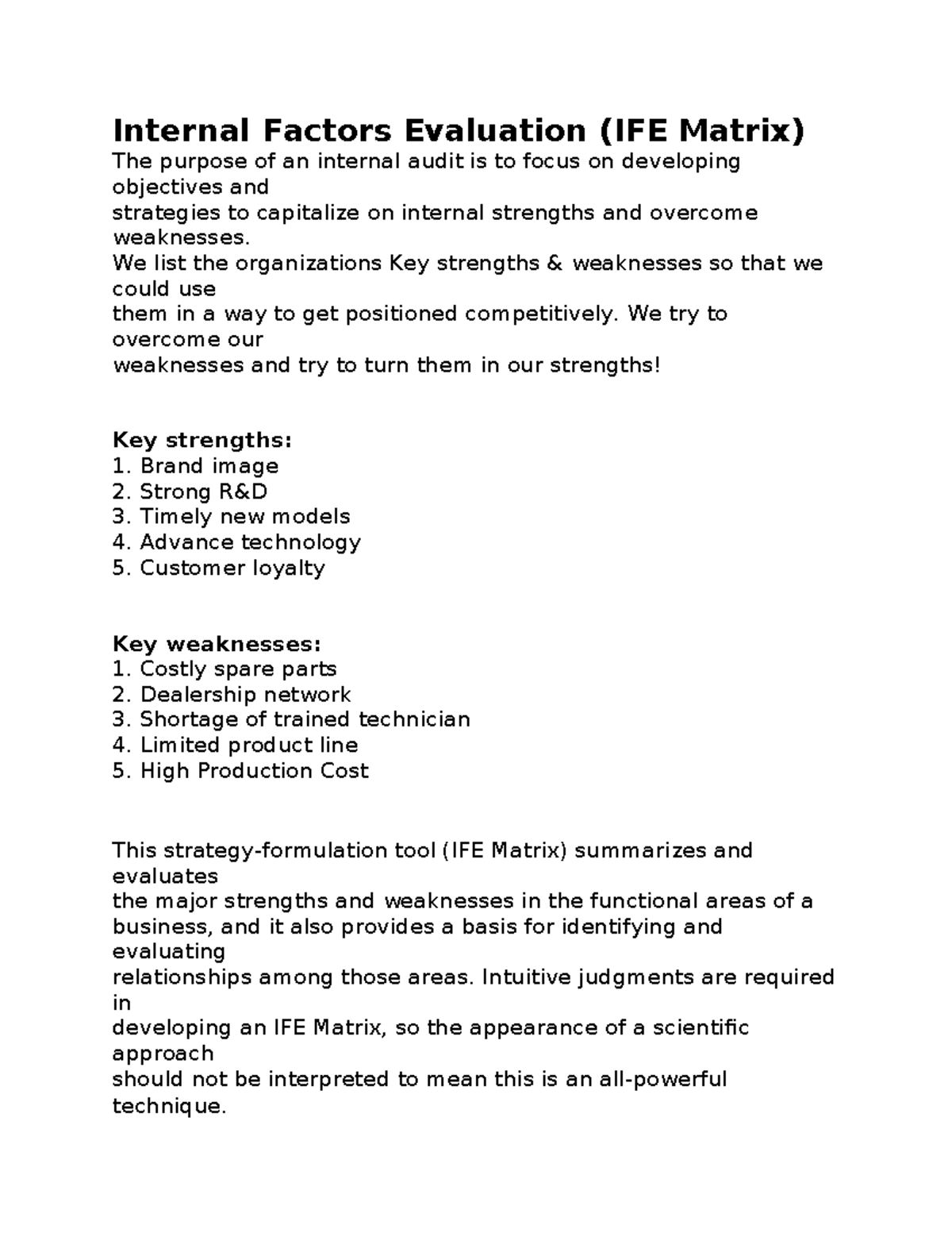 IFE Matrix HONDA PAKISTAN - Internal Factors Evaluation (IFE Matrix ...
