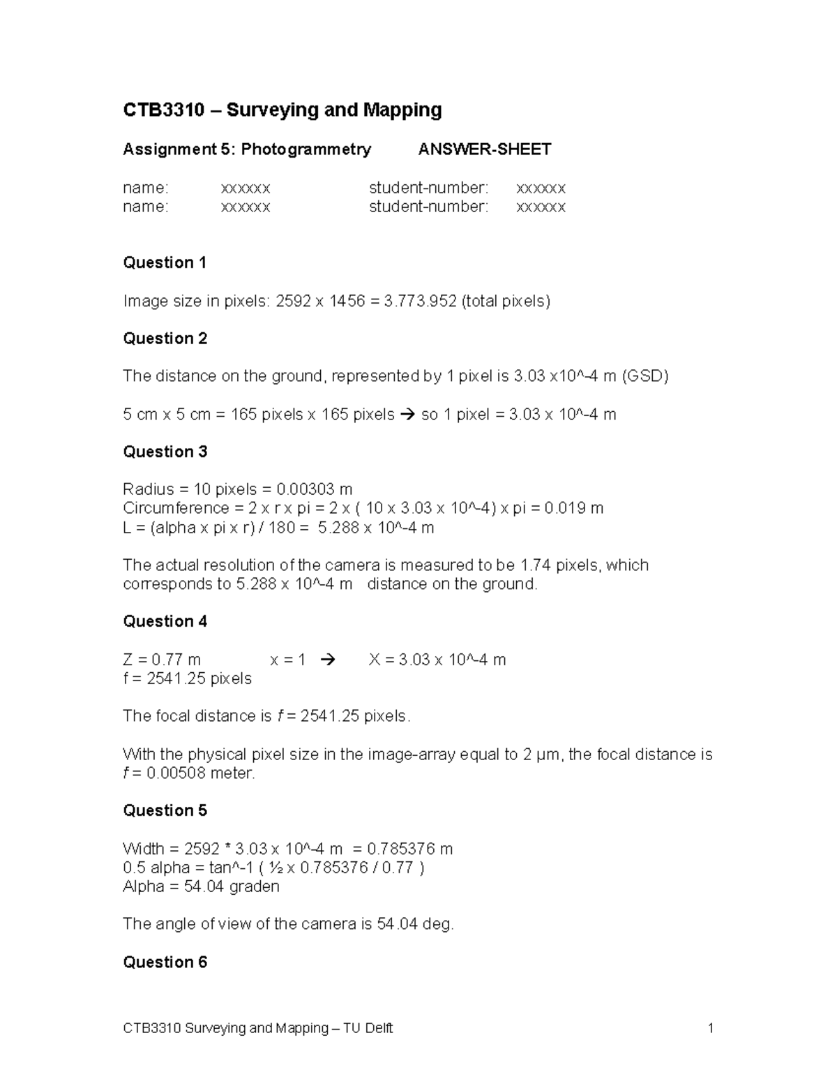 CTB3310 Assignment 5 Goedgekeurd - CTB3310 Surveying and Mapping Assignment 5: Photogrammetry ...